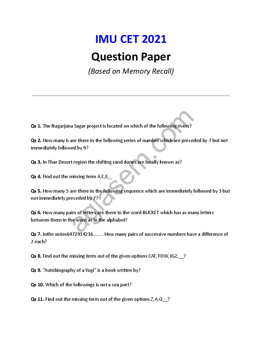 IMUCET 2021 Question Paper IMUCET 2021 Question Paper