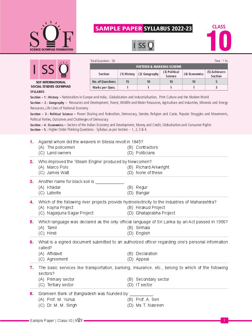 SOF ISSO Sample Paper 2023 Class 10 SOF ISSO Sample Paper 2023 Class 10