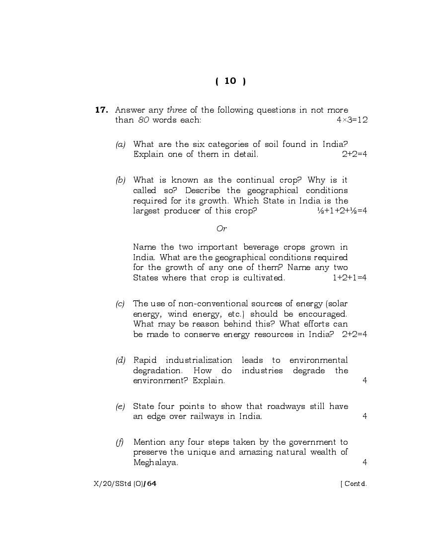 Meghalaya Board (MBOSE) Class 10 Question Paper for Social Studies ...