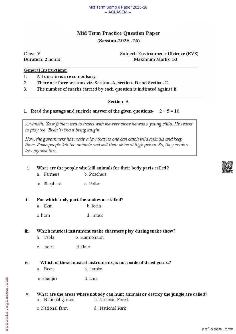Class 5 EVS Mid Term Sample Paper 2025 PDF | Download PT1 / Term 1 Practice Paper - AglaSem
