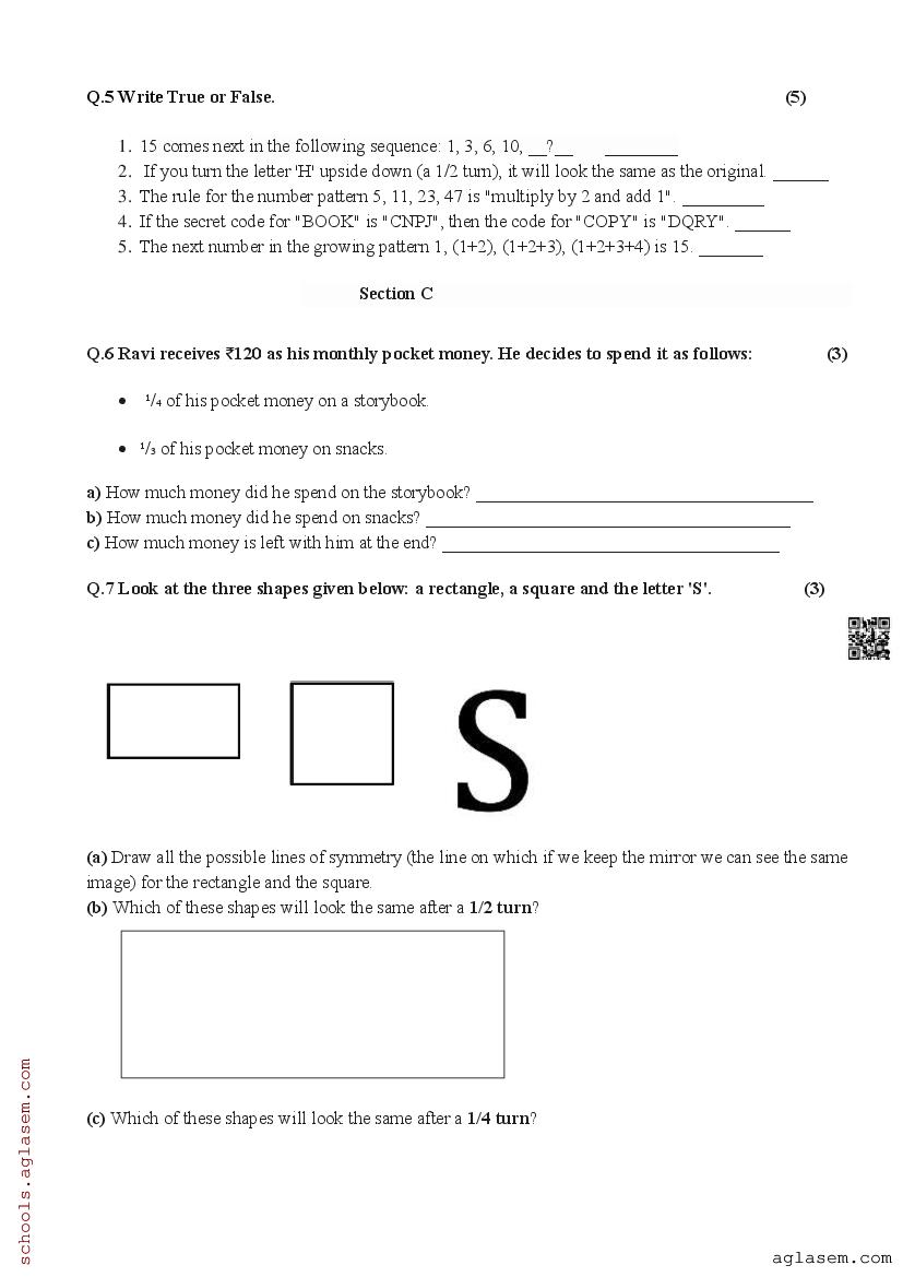 Class 5 Maths Mid Term Sample Paper 2025 PDF | Download PT1 / Term 1 Practice Paper - AglaSem