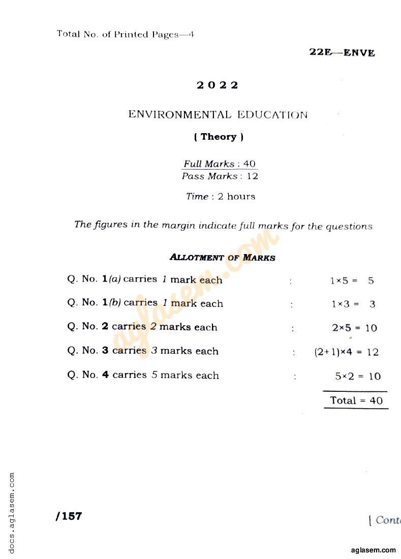 AHSEC Class 11 Environmental Education Question Paper 2022 PDF