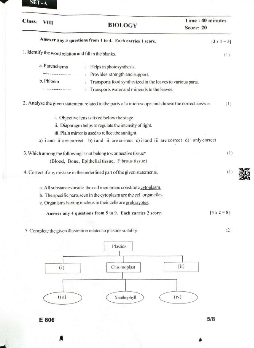 Class 8 Biology Onam Exam Question Paper 2024-25 | Kerala Std 8 First ...