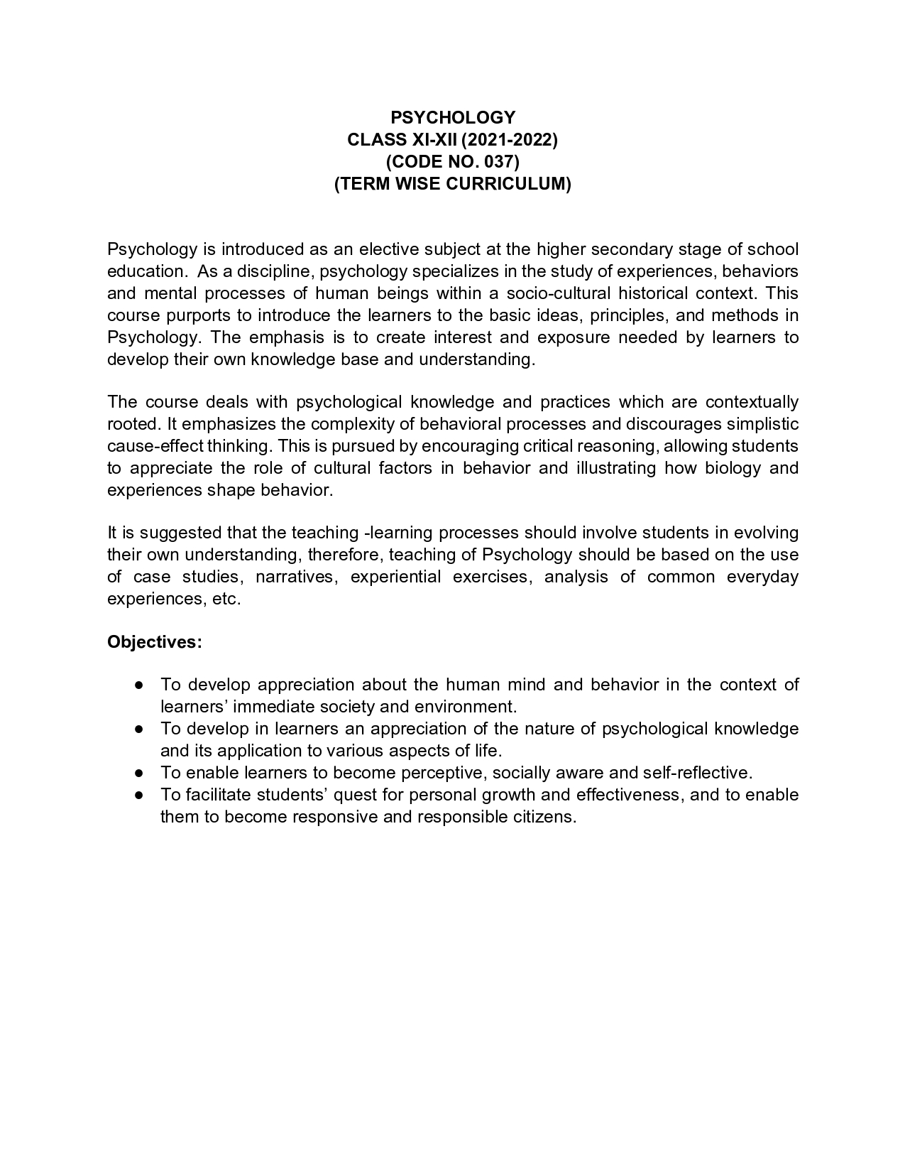 CBSE Class 12 Term Wise Syllabus 2021 22 Psychology
