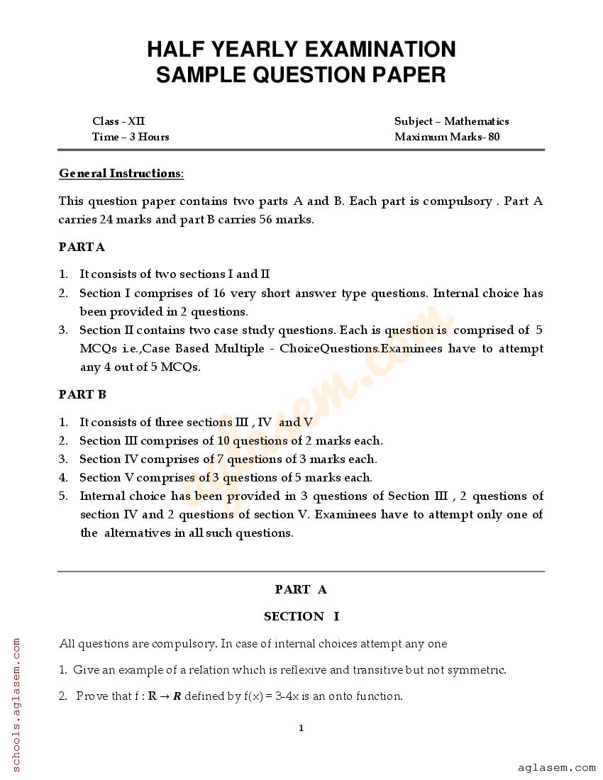 Class 12 Maths Sample Paper Half Yearly 2024 12th Maths Half Yearly