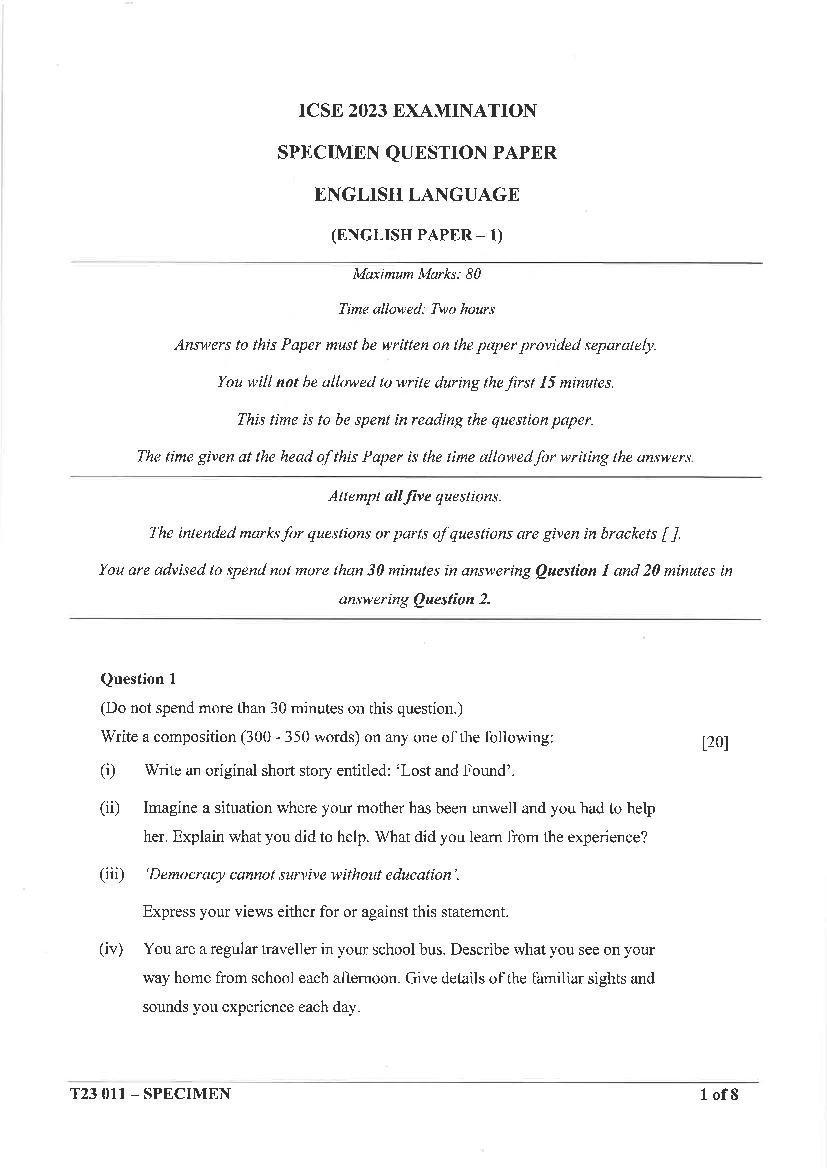 ICSE Class 10 Sample Paper 2023 English Language