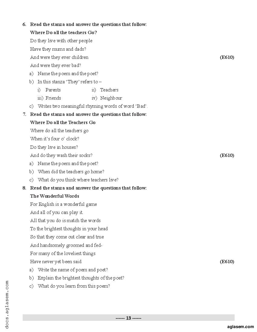 Class 6 English Question Bank PDF Important Questions For Class 6