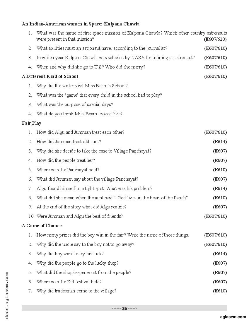 Class 6 English Question Bank PDF Important Questions For Class 6