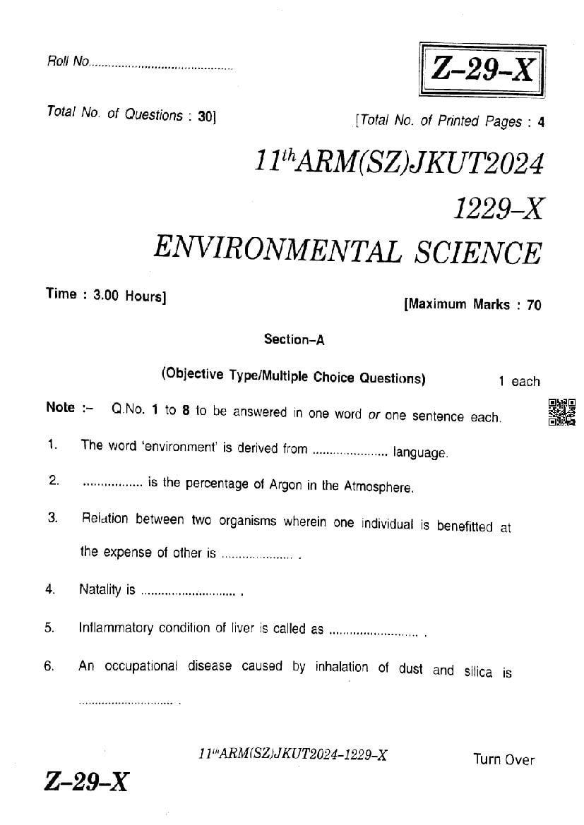 JKBOSE Class 11th Environmental Science Question Paper (PDF) - 2024 ...
