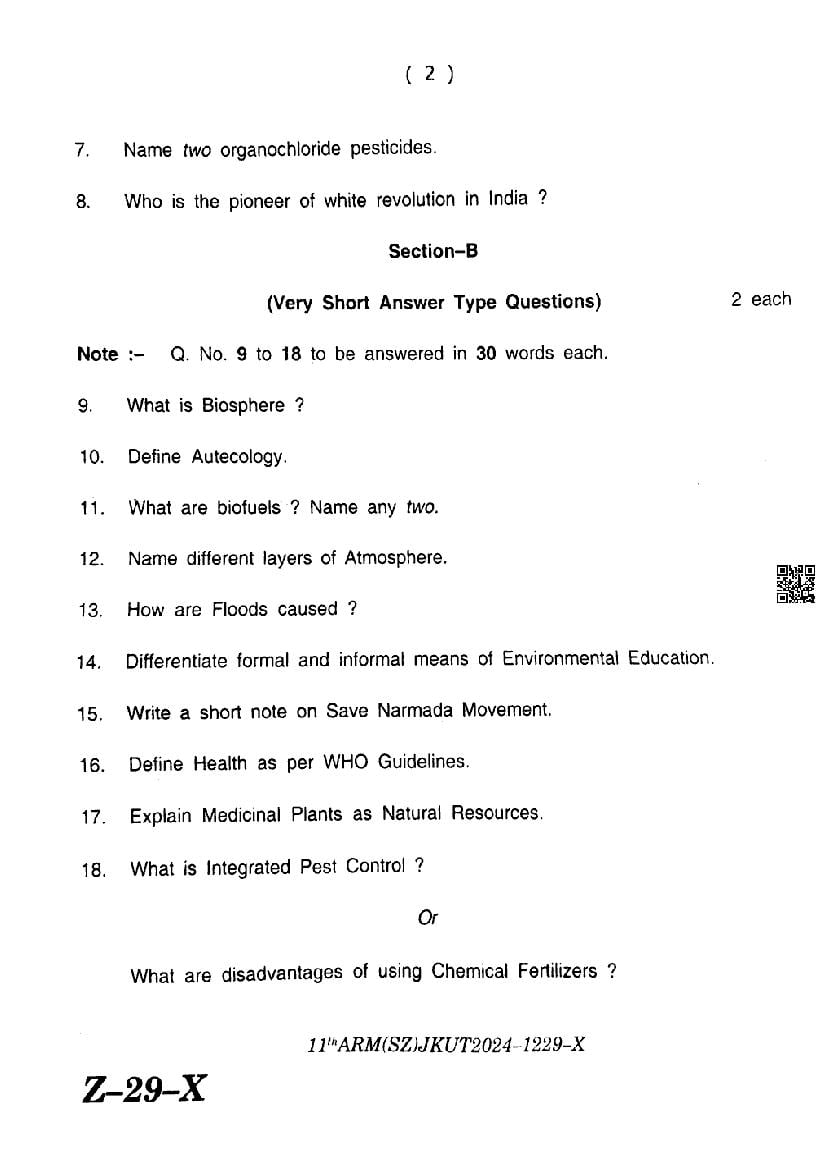 JKBOSE Class 11th Environmental Science Question Paper (PDF) - 2024 ...