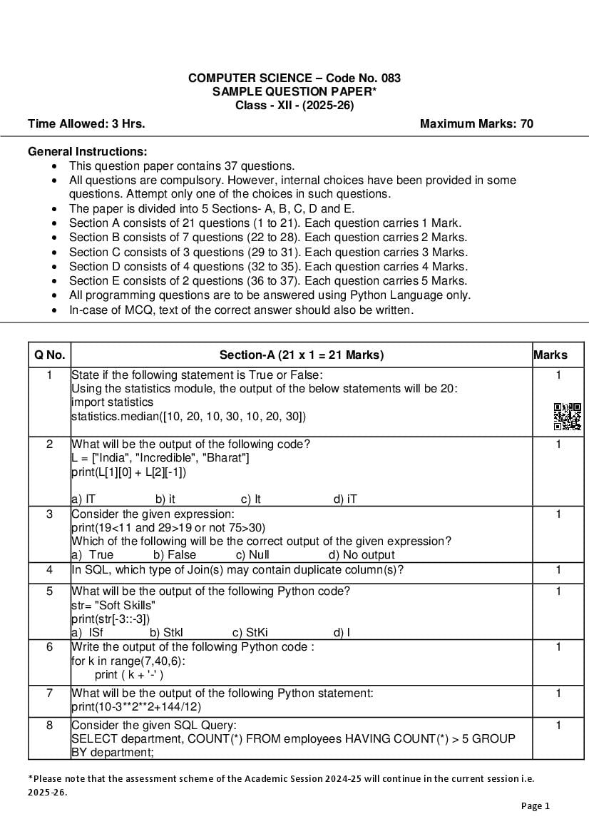 CBSE Class 12 Computer Science Sample Paper 2026 (Solved) PDF Download ...