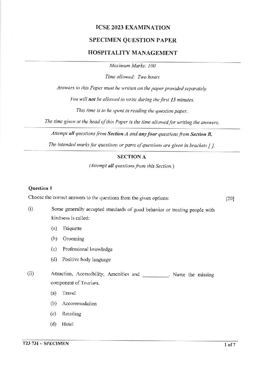 ICSE Class 10 Sample Paper 2023 Hospitality Management ICSE Class 10 Sample Paper 2023 Hospitality Management