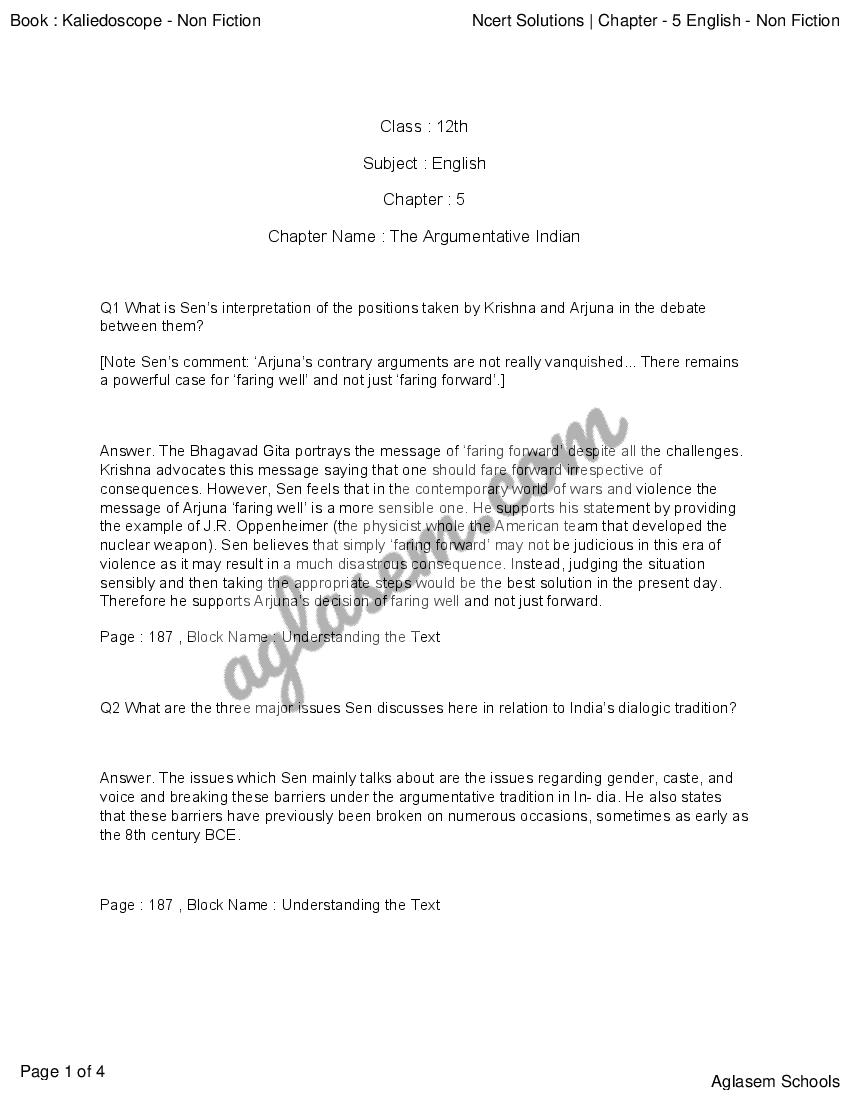 NCERT Solutions For Class 12 English Chapter 5 The Argumentative Indian NCERT Solutions For Class 12 English Chapter 5 The Argumentative Indian
