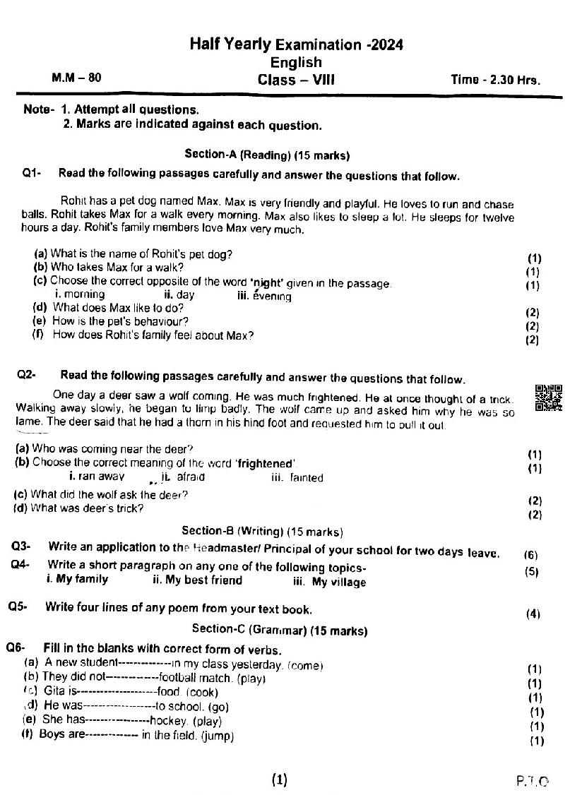Uttarakhand Board Class 8 English Half-Yearly Question Paper 2024 (PDF ...