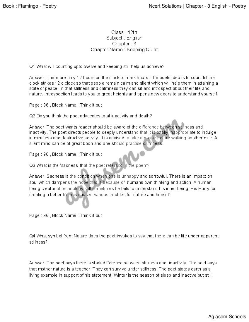 NCERT Solutions For Class 12 English Chapter 2 Keeping Quiet PDF NCERT Solutions For Class 12 English Chapter 2 Keeping Quiet PDF