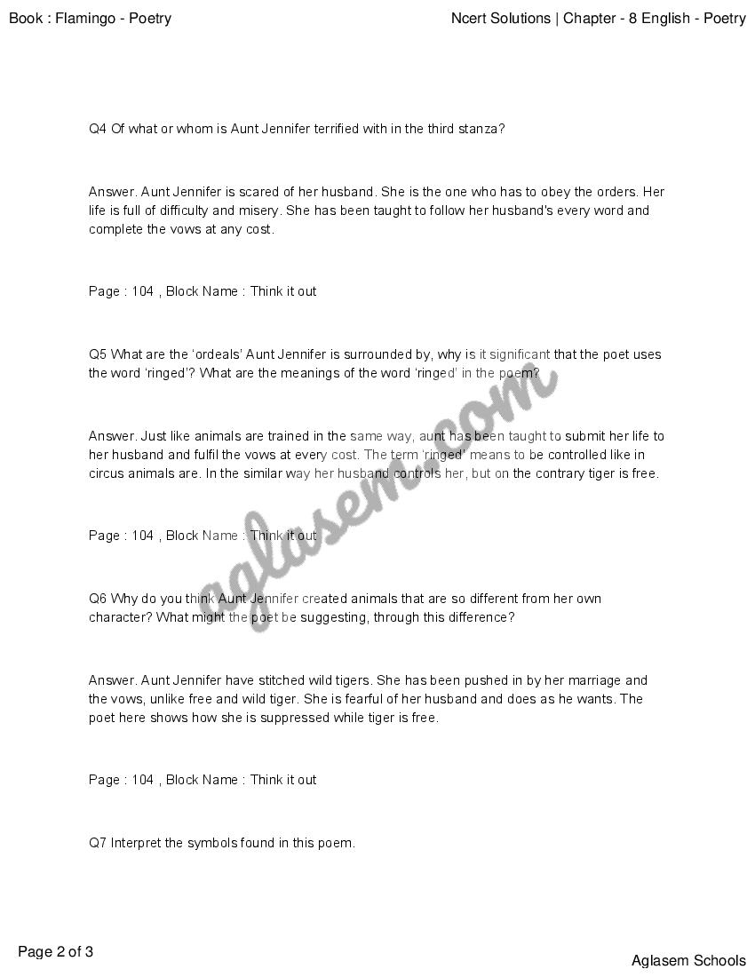NCERT Solutions For Class 12 English Chapter 5 Aunt Jennifer s Tigers PDF 