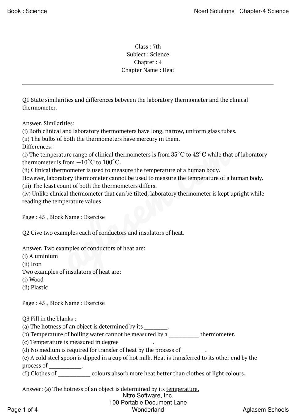 NCERT Solutions Class 7 Science Chapter 4 Heat