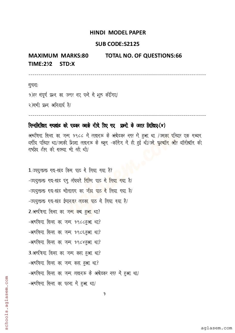 Goa Board SSC Functional Hindi Model Paper 2024 (PDF)