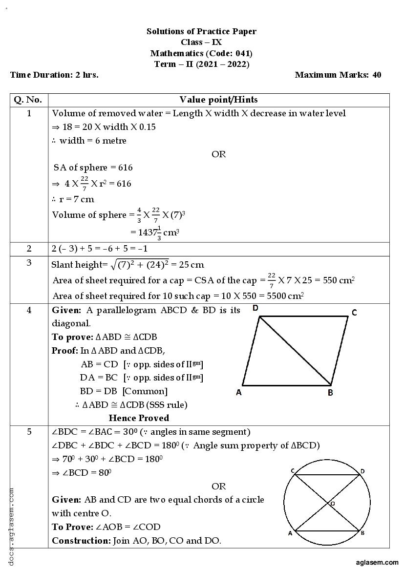 Class 9 Sample Paper 2022 Solution Maths Term 2 Class 9 Sample Paper 2022 Solution Maths Term 2