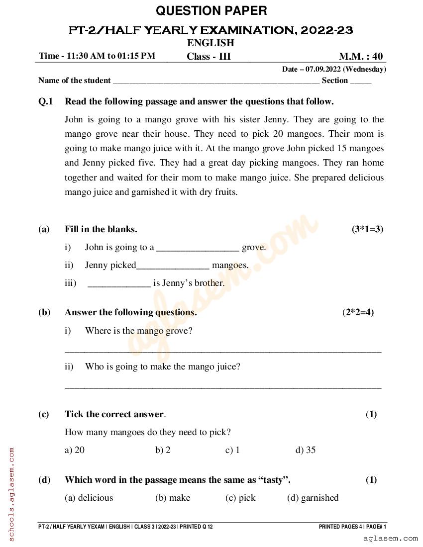 Class 3 English Half Yearly Question Paper 2024 Download 3rd Half