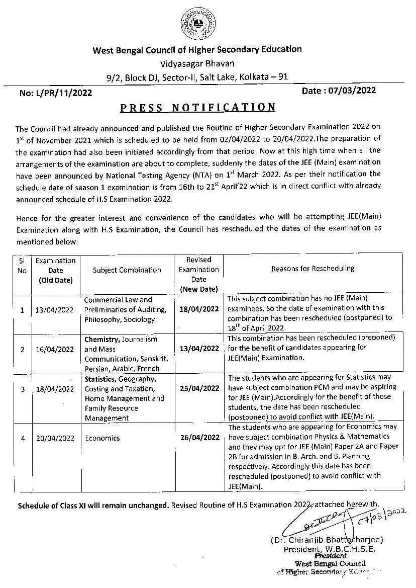 WB HS Routine 2022 (Revised) - WBCHSE Class 12 Exam Dates
