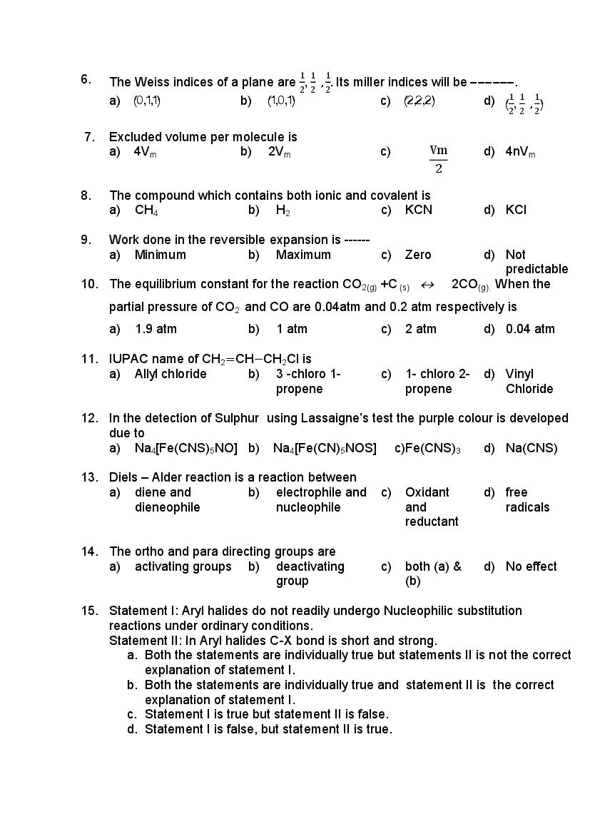 Tamil Nadu 11th Model Question Paper 2022 for Chemistry