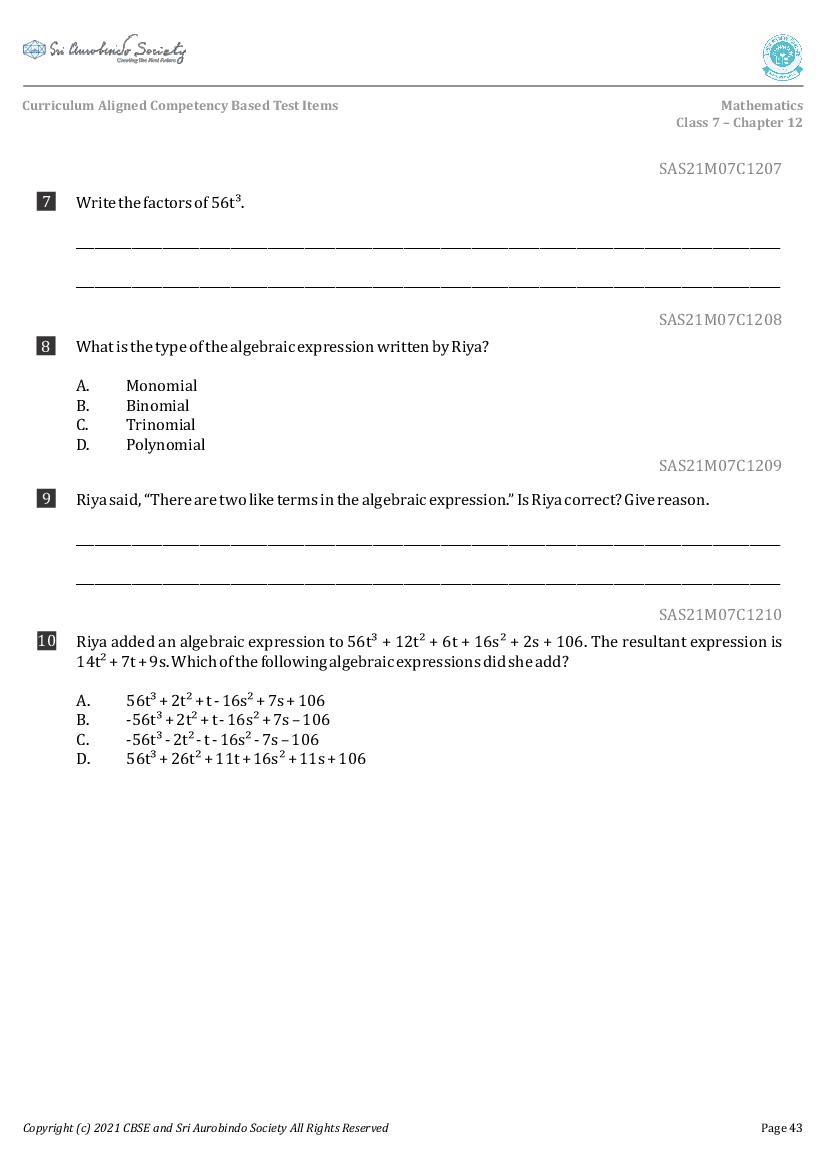 Class 7 Maths Competency Based Questions 2025 - Download PDF - AglaSem