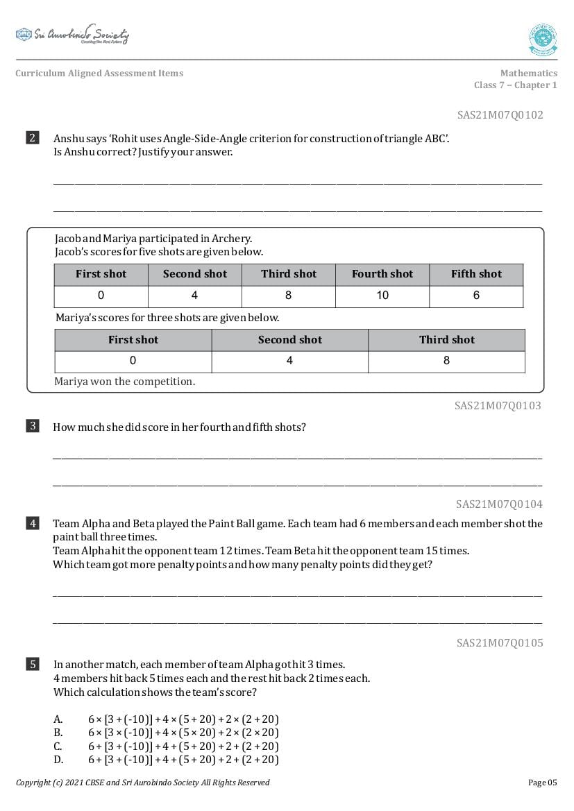 Class 7 Maths Competency Based Questions 2025 - Download PDF - AglaSem