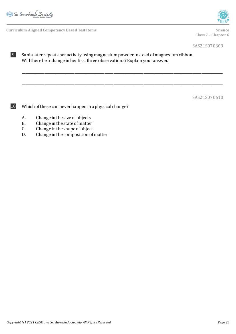 Class 7 Science Competency Based Questions 2025 - Download PDF - AglaSem