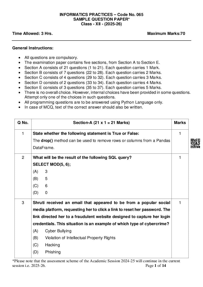CBSE Class 12 Informatics Practices Sample Paper 2026 (Solved) PDF ...
