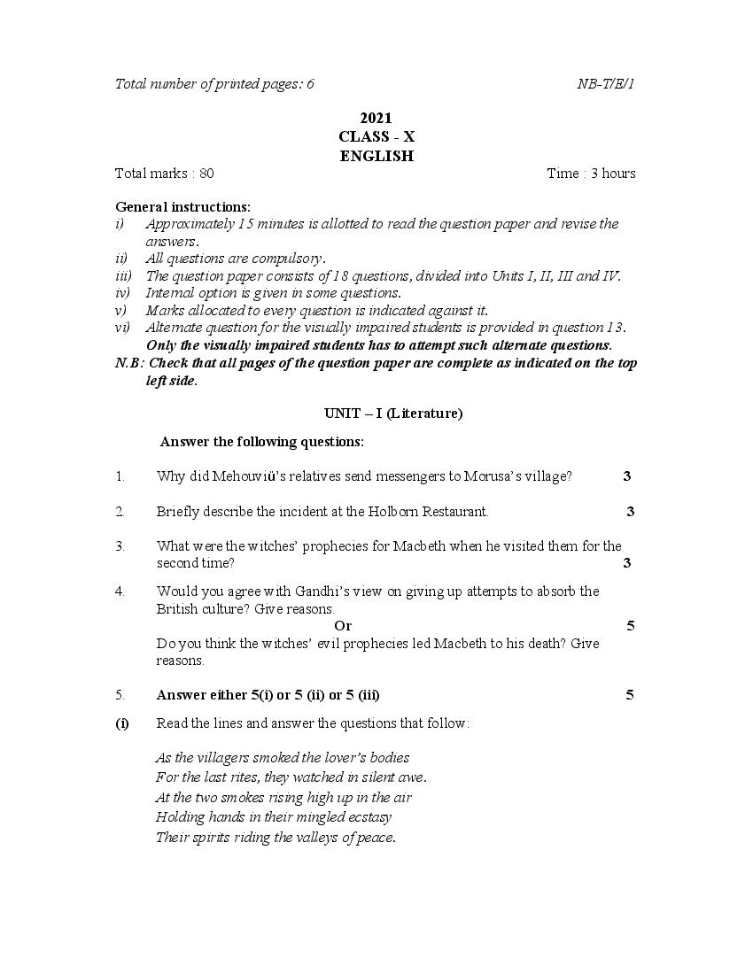 NBSE Class 10 Question Paper 2021 For English