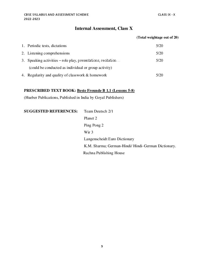 CBSE Class 10 Syllabus 2022-23 German – Term 1, Term 2
