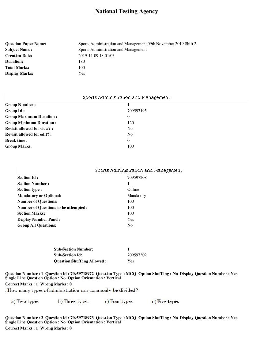 SWAYAM 2019 Question Paper Sports Administration and Management