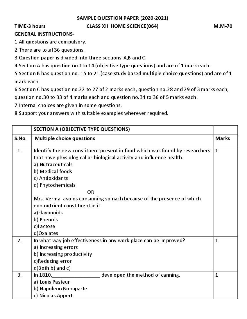 CBSE Class 12 Sample Paper 2021 For Home Science