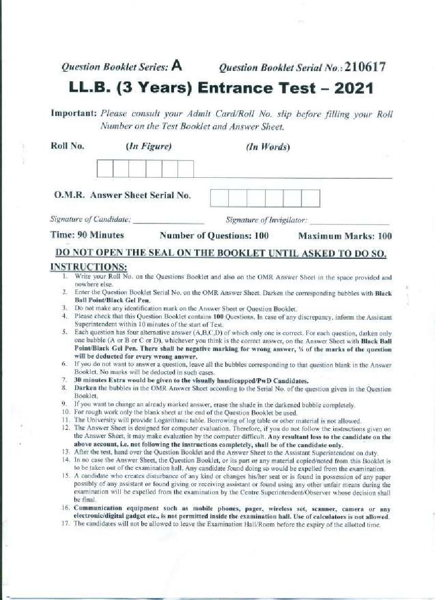 PU LLB Entrance Exam 2021 Question Paper PU LLB Entrance Exam 2021 Question Paper