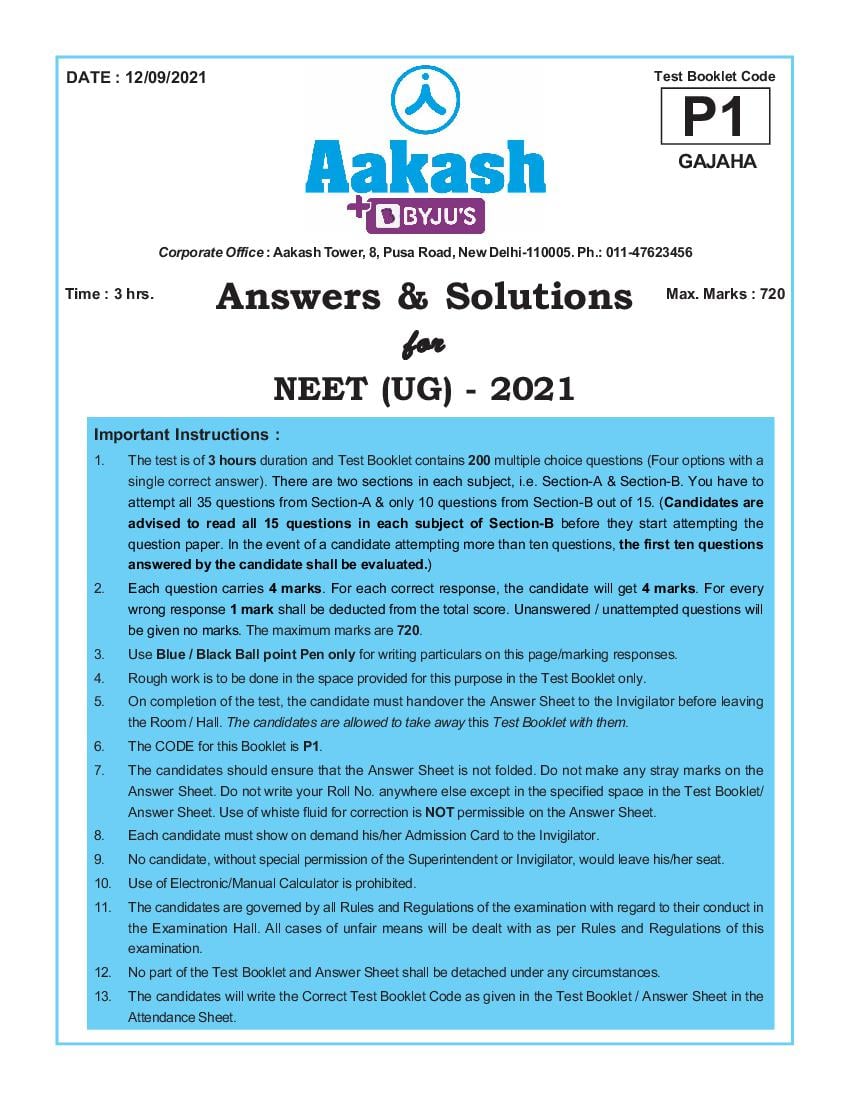 NEET 2021 Answer Key With Solutions For Set P1 By Aakash neet-2021-answer-key-with-solutions-for-set-p1-by-aakash