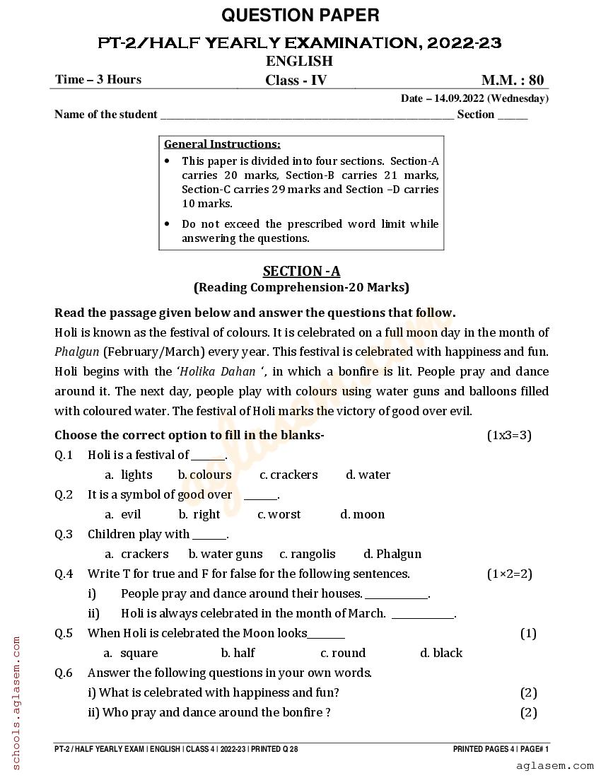 Class 4 English Half Yearly Question Paper 2024 Download 4th Half Class 4 English Half Yearly Question Paper 2024 Download 4th Half