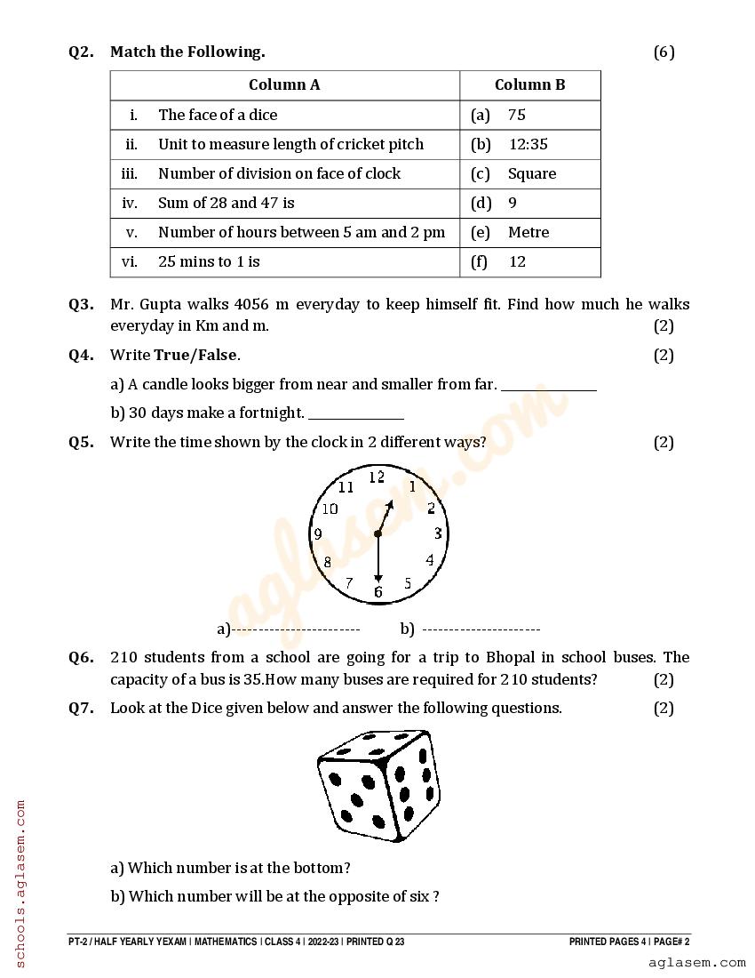 Class 4 Maths Half Yearly Question Paper 2024 Download 4th Half