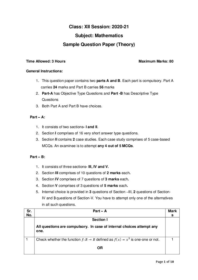 CBSE Class 12 Sample Paper 2021 For Maths CBSE Class 12 Sample Paper 2021 For Maths