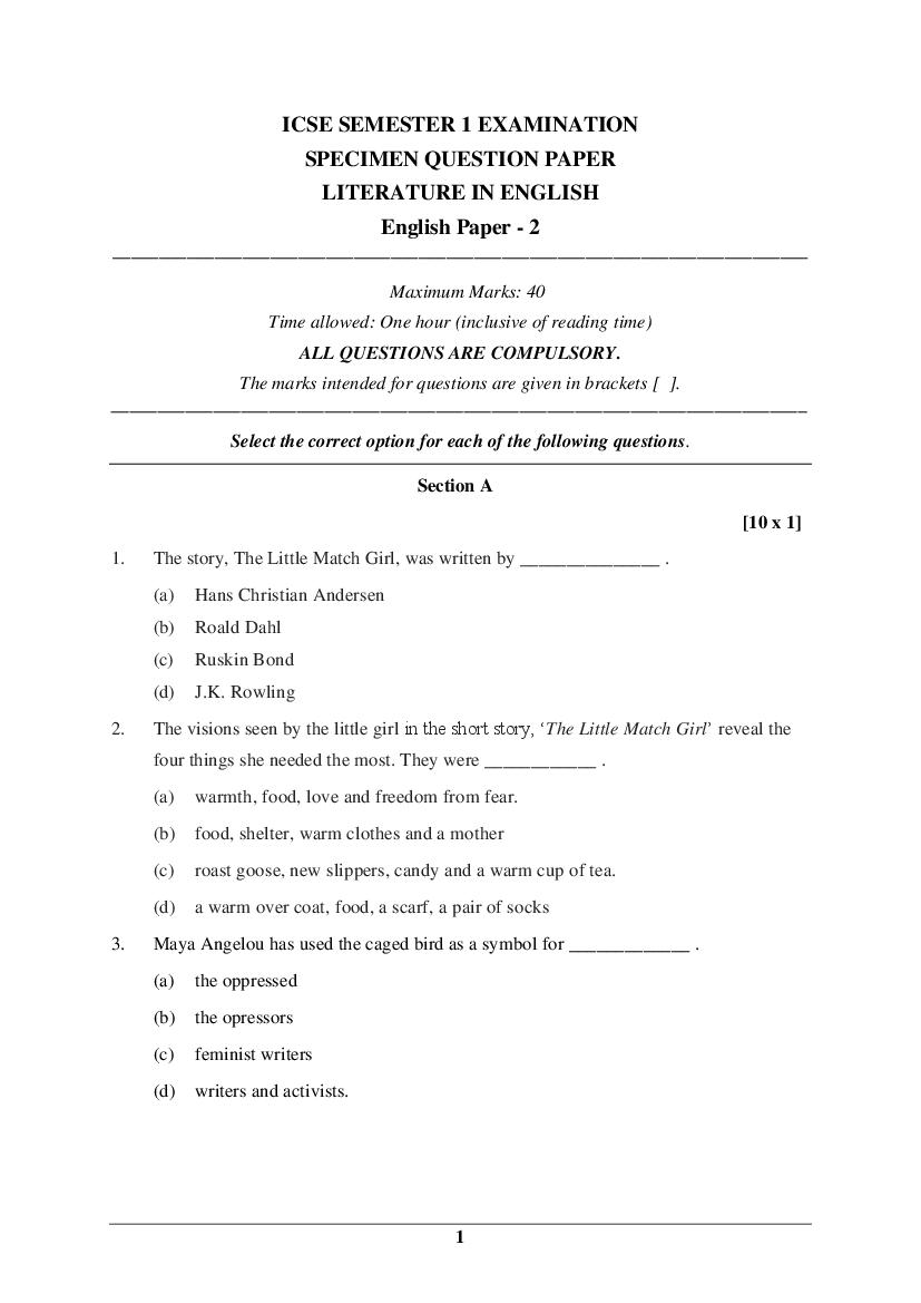ICSE Class 10 Specimen Paper 2022 English Paper 2 Semester 1