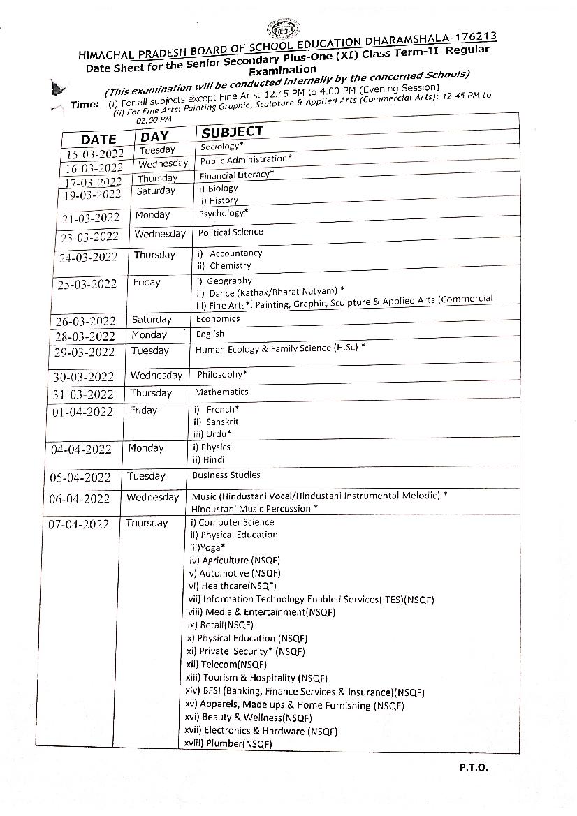 HP Board Class 11th Date Sheet 2022 (Exams from 15 Mar) - Check Term 2 ...