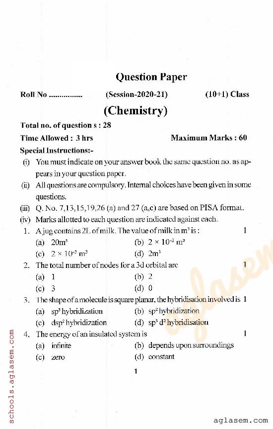 HP Board Class 11th Chemistry Question Paper 2023 PDF AglaSem