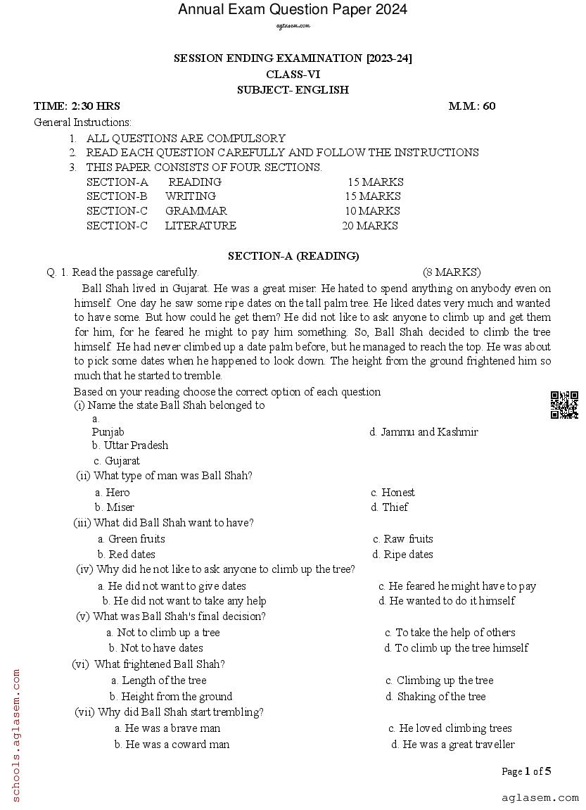 Class 6 English Question Paper 2024 PDF Download 6th Annual Exam