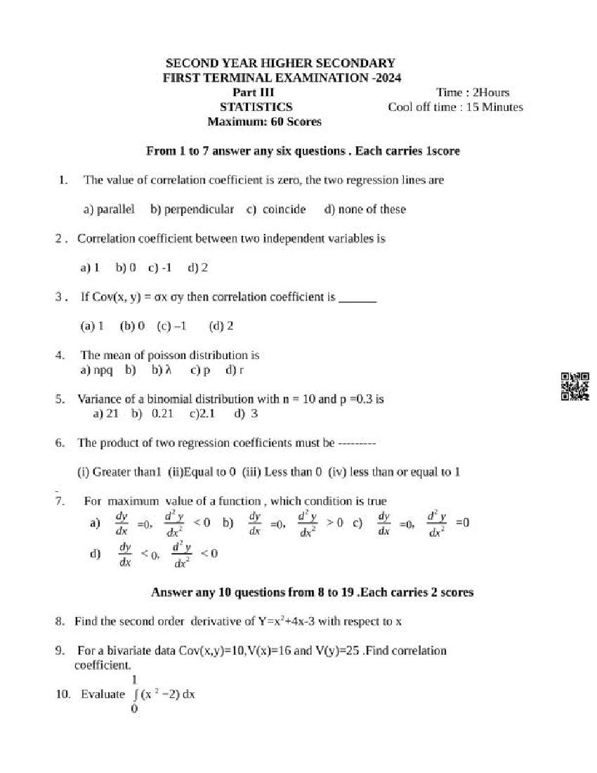 Class 12 Statistics Onam Exam Question Paper 2024-25 | Kerala Std 12 ...