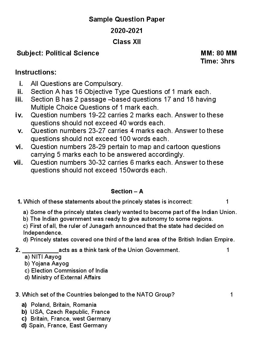 CBSE Class 12 Sample Paper 2021 For Political Science CBSE Class 12 Sample Paper 2021 For Political Science
