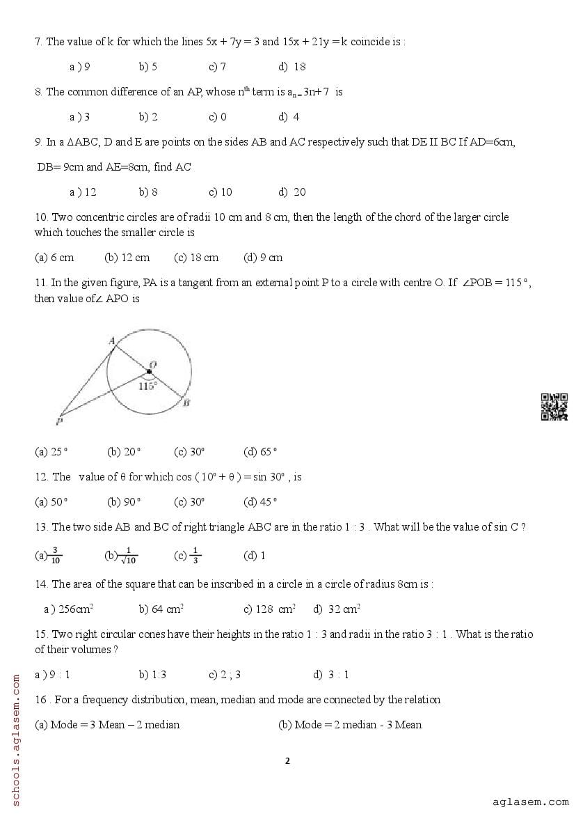 Class 10 Maths Standard Pre Board Question Paper 2025 | Download Pre-Board PYQP PDF - AglaSem