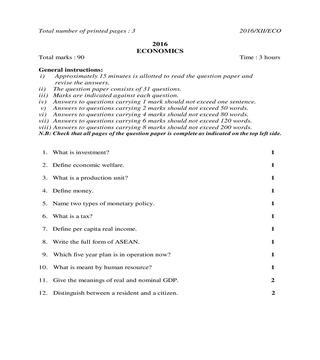 NBSE Class 12 Question Paper 2016 for Economics