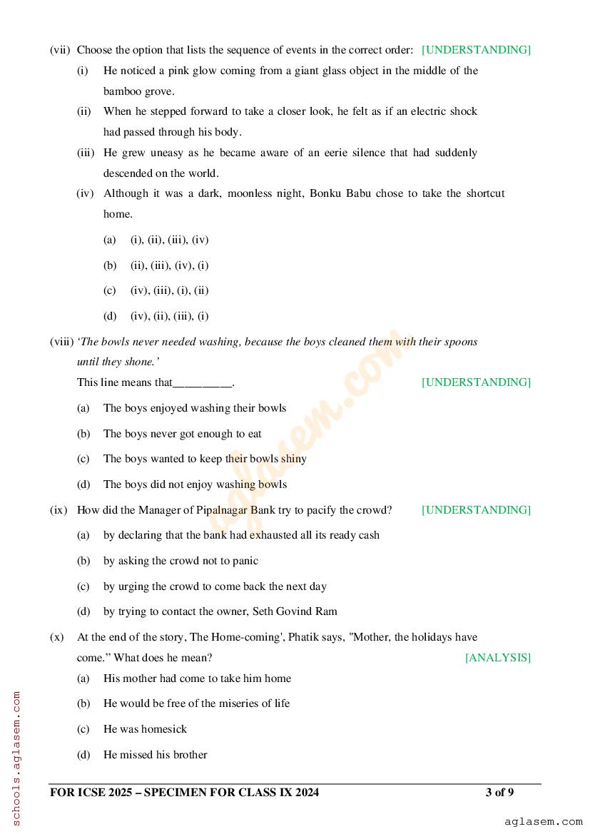 ICSE Class 9 English Literature Sample Paper 2025 PDF 