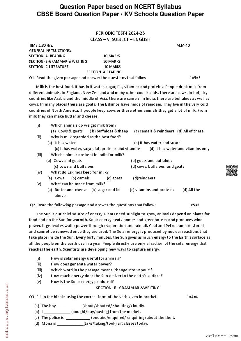Class 6 PT 1 Question Paper English 2024-25 | Download Periodic Test 1 ...
