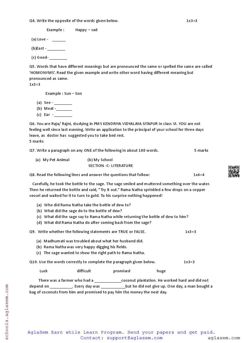 Class 6 PT 1 Question Paper English 2024-25 | Download Periodic Test 1 ...